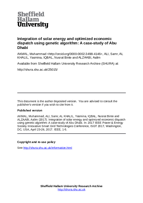 Pdf Integration Of Solar Energy And Optimized Economic Dispatch Using Genetic Algorithm A