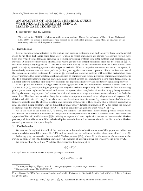 (PDF) An Analysis of the M/G/1 Retrial Queue with Negative Arrivals using a Martingale Technique*