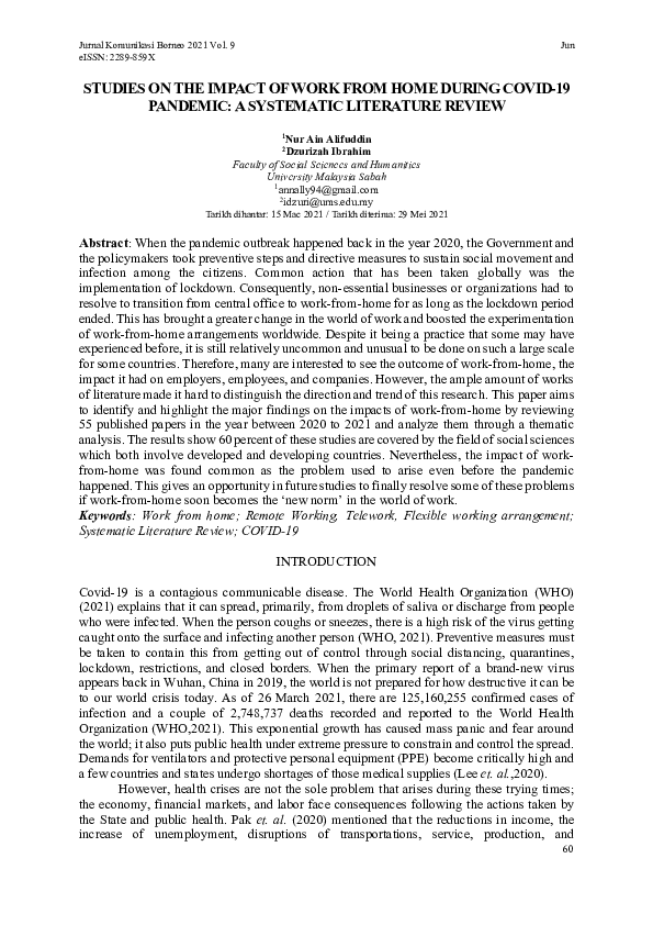(PDF) Studies on the Impact of Work from Home During COVID-19 Pandemic ...