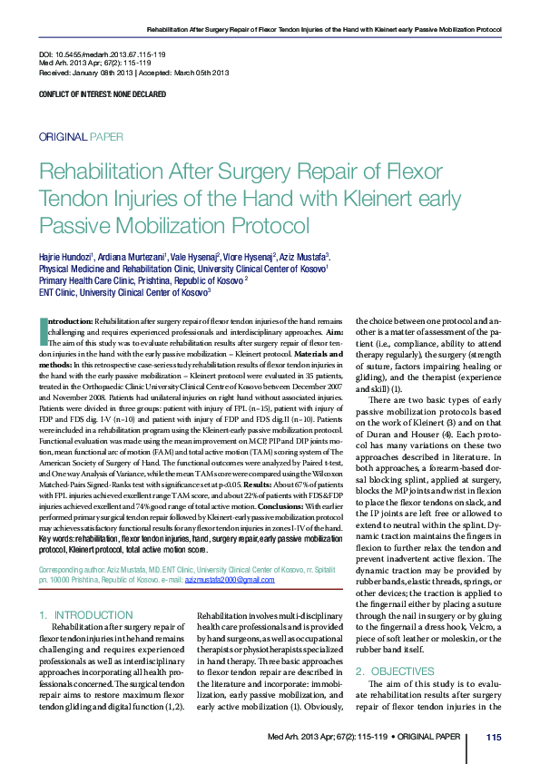(PDF) Rehabilitation After Surgery Repair of Flexor Tendon Injuries of ...