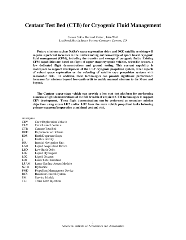 (PDF) Centaur Test Bed (CTB) for Cryogenic Fluid Management | John Wall ...
