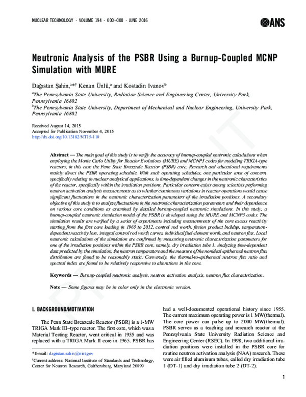 (PDF) Neutronic Analysis of the PSBR Using a Burnup-Coupled MCNP Simulation with MURE