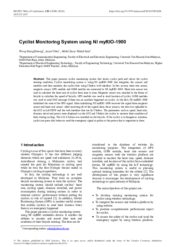 (PDF) Cyclist Monitoring System using NI myRIO-1900