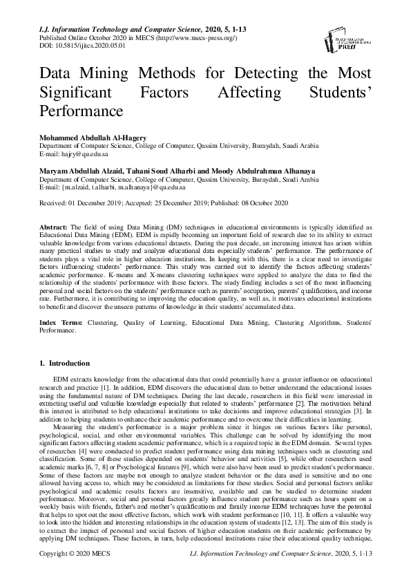 (PDF) Data Mining Methods for Detecting the Most Significant Factors Affecting Students ...