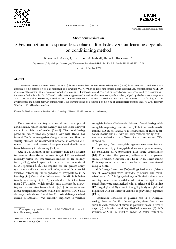 (PDF) c-Fos induction in response to saccharin after taste aversion learning depends on ...