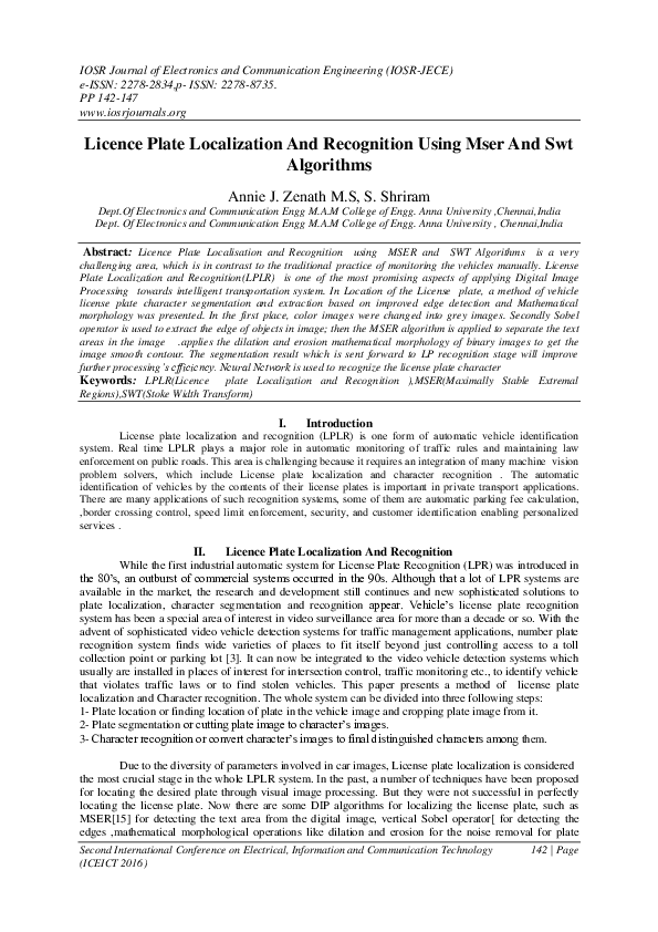 Pdf Licence Plate Localization And Recognition Using Mser And Swt Algorithms 