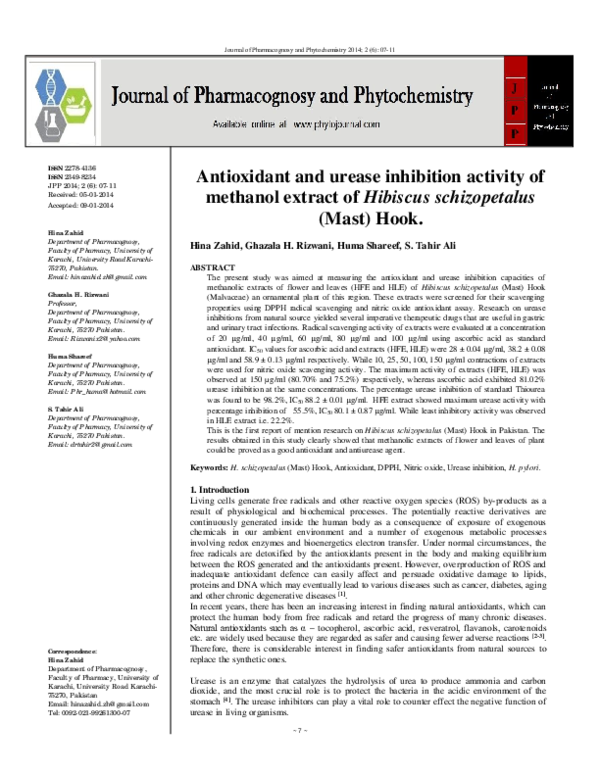 (PDF) Antioxidant and urease inhibition activity of methanol extract of ...