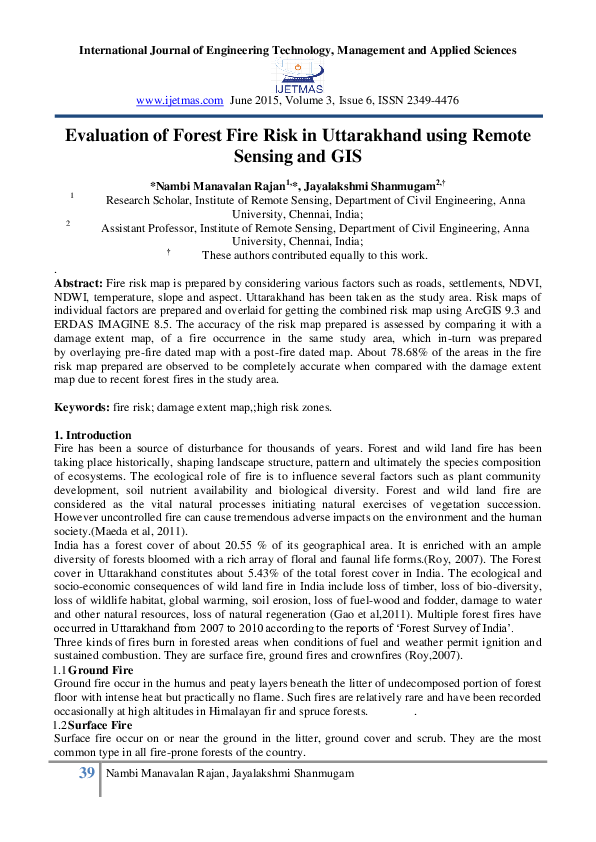 (PDF) Evaluation of Forest Fire Risk in Uttarakhand using Remote ...