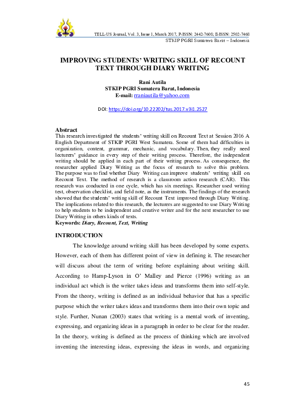 (PDF) Improving Students’ Writing Skill of Recount Text Through Diary Writing