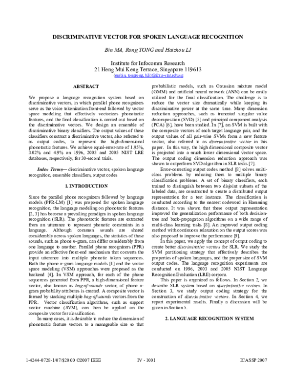 (PDF) Discriminative Vector for Spoken Language Recognition