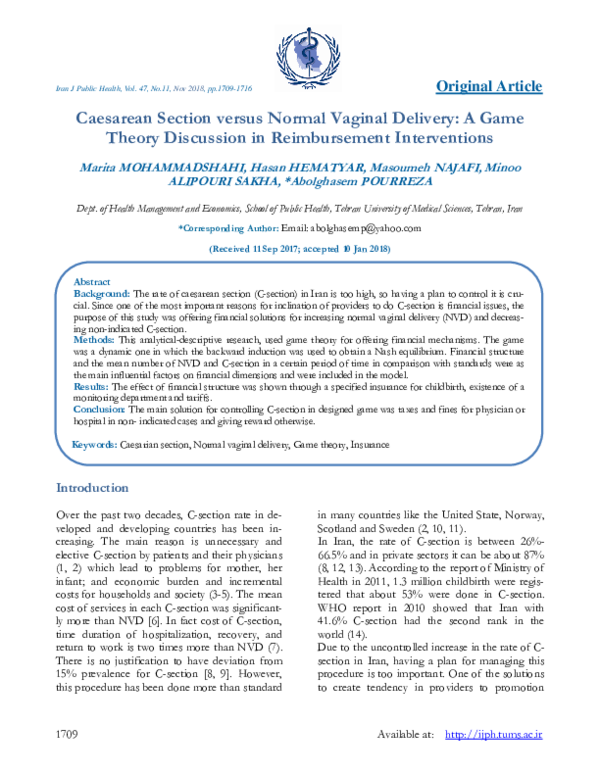 Pdf Caesarean Section Vs Normal Vaginal Delivery A Game Theory
