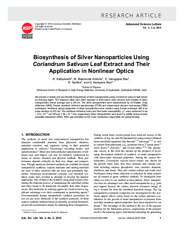 (PDF) Biosynthesis of Silver Nanoparticles Using Coriandrum Sativum Leaf Extract and Their ...