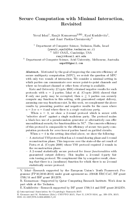 (PDF) Secure Computation with Minimal Interaction, Revisited