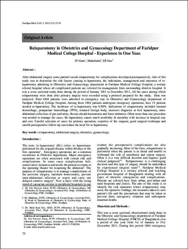 (PDF) Relaparotomy in Obstetrics and Gynaecology Department of Faridpur ...