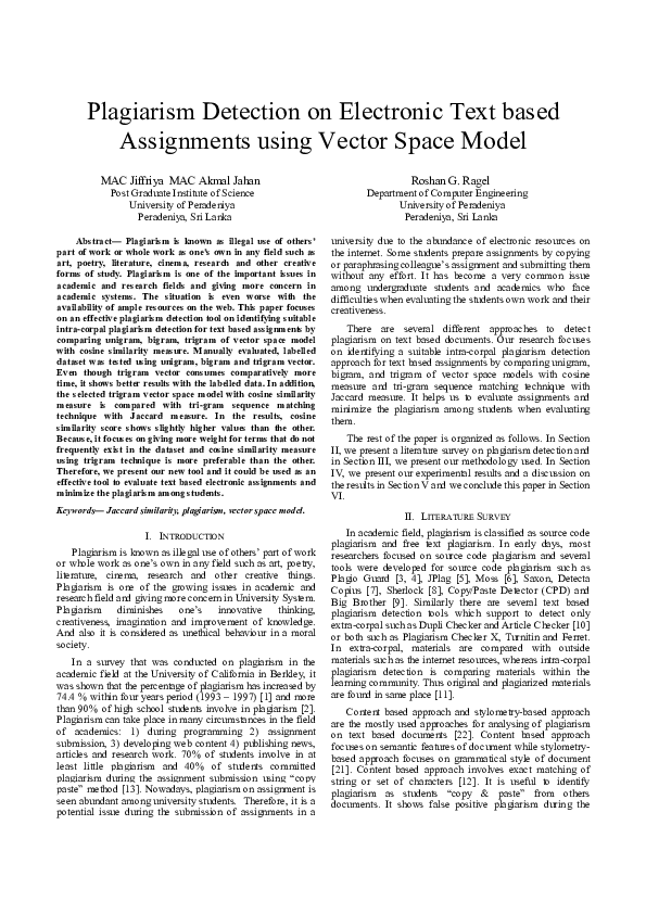(PDF) Plagiarism detection on electronic text based assignments using vector space model