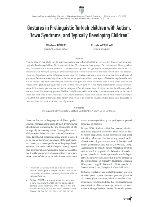 (PDF) Gestures in Prelinguistic Turkish children with Autism, Down ...
