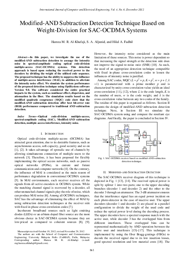 Pdf Modified And Subtraction Detection Technique Based On Weight Division For Sac Ocdma Systems