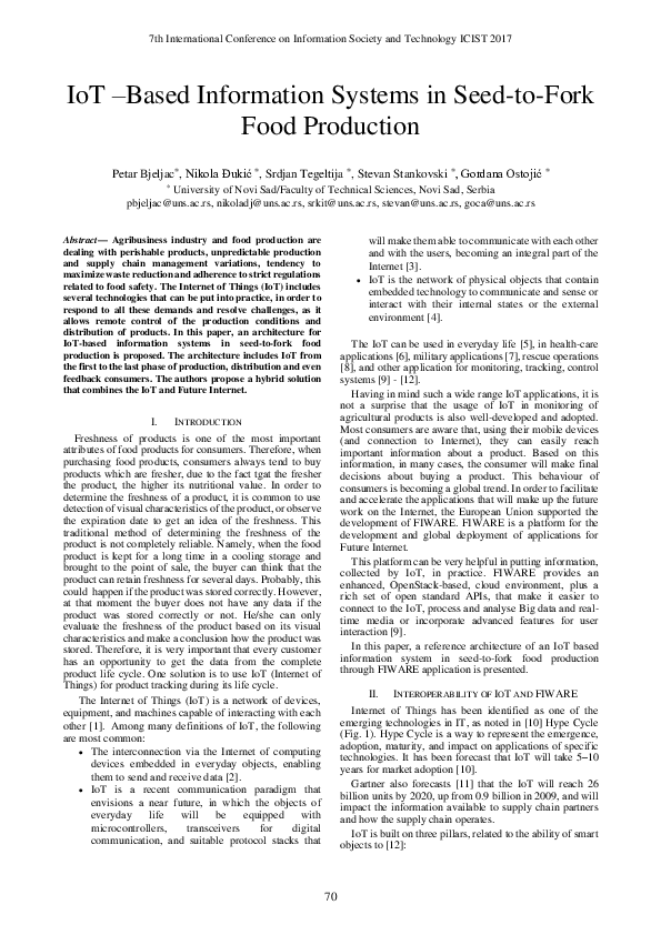 (PDF) IoT –Based Information Systems in Seed-to-Fork Food Production
