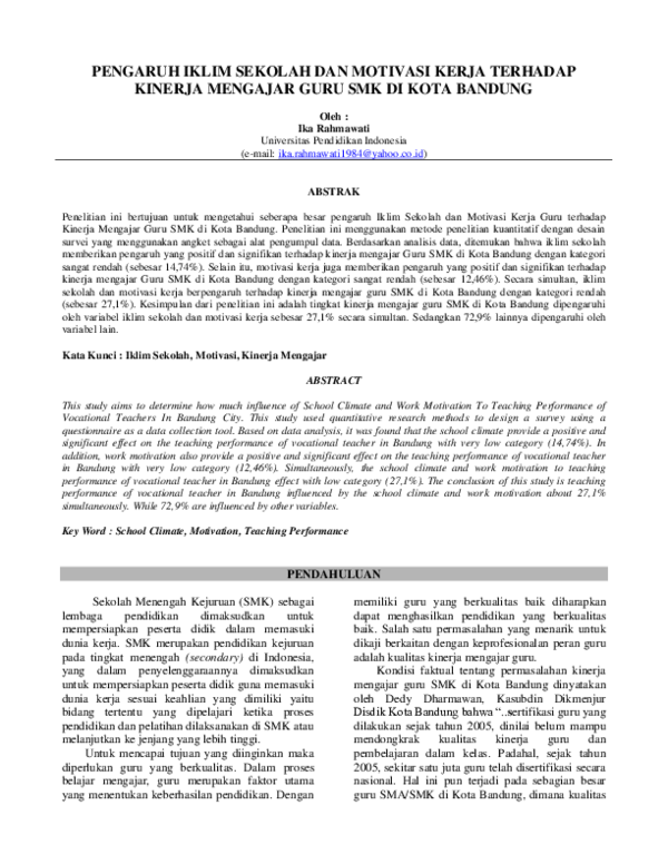 (PDF) Pengaruh Iklim Sekolah dan Motivasi Kerja Terhadap Kinerja Guru