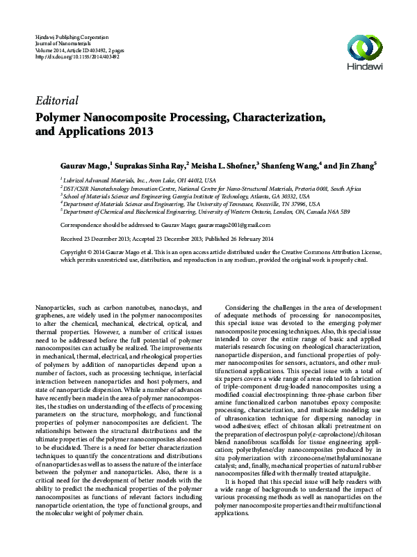(PDF) Polymer Nanocomposite Processing, Characterization, and ...