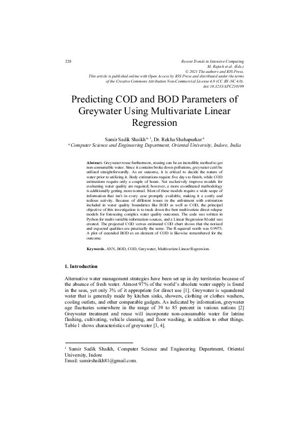 (PDF) Predicting COD and BOD Parameters of Greywater Using Multivariate ...