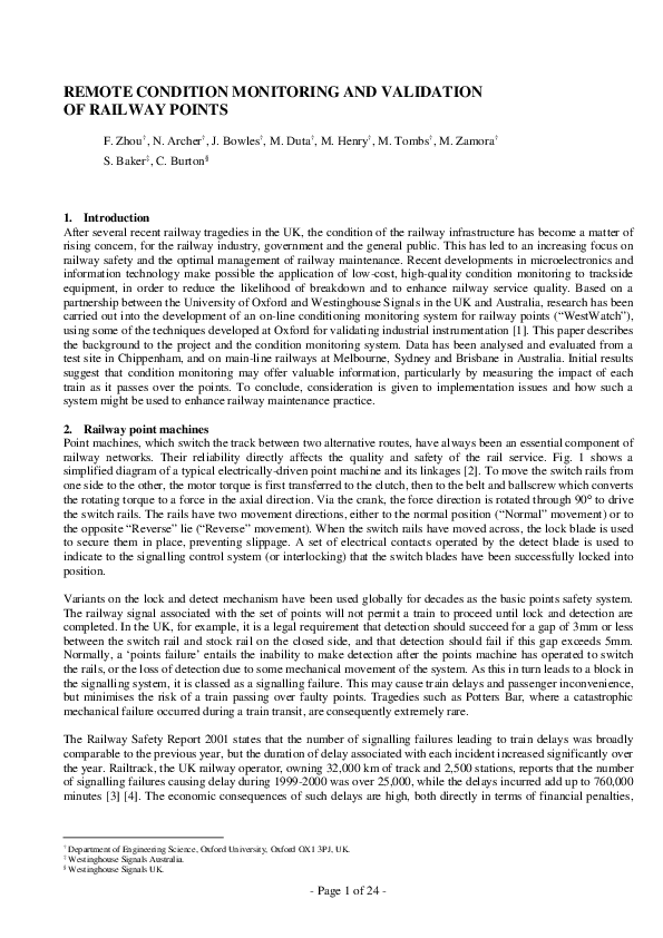 (PDF) Remote condition monitoring and validation of railway points
