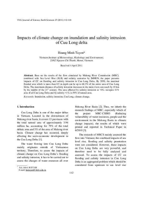 Pdf Impacts Of Climate Change On Inundation And Salinity Intrusion Of