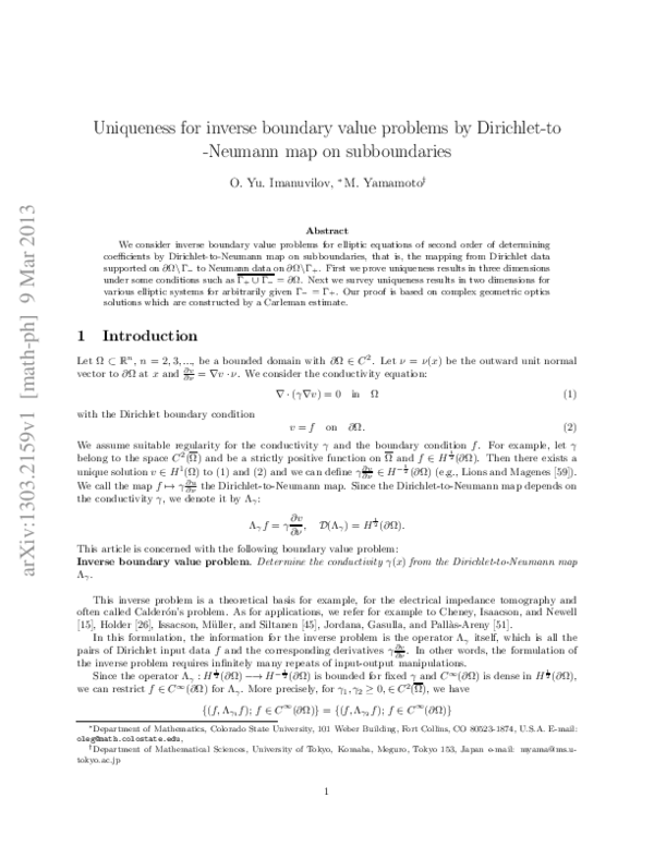 (PDF) Uniqueness for Inverse Boundary Value Problems by Dirichlet-to-Neumann Map on Subboundaries