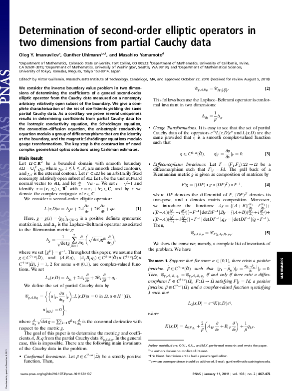 Determination Of Second Order Elliptic Operators In Two Dimensions From