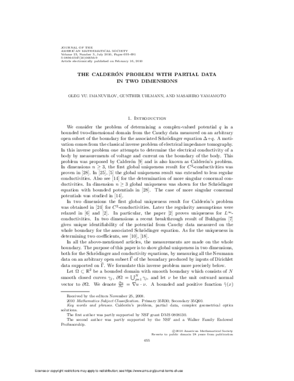(PDF) The Calderón problem with partial data in two dimensions