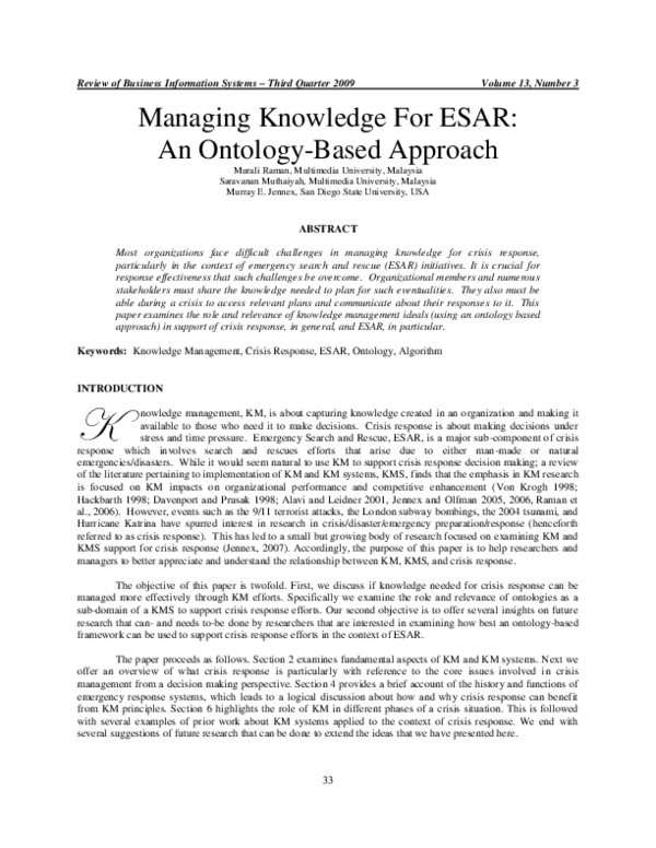 (PDF) Managing Knowledge For ESAR: An Ontology-Based Approach