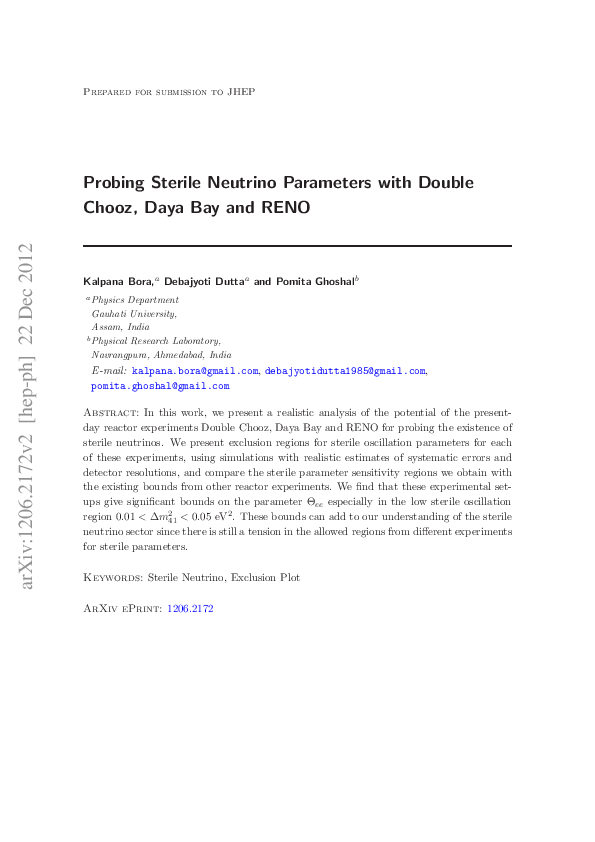 (PDF) Probing Sterile Neutrino Parameters with Double Chooz, Daya Bay ...