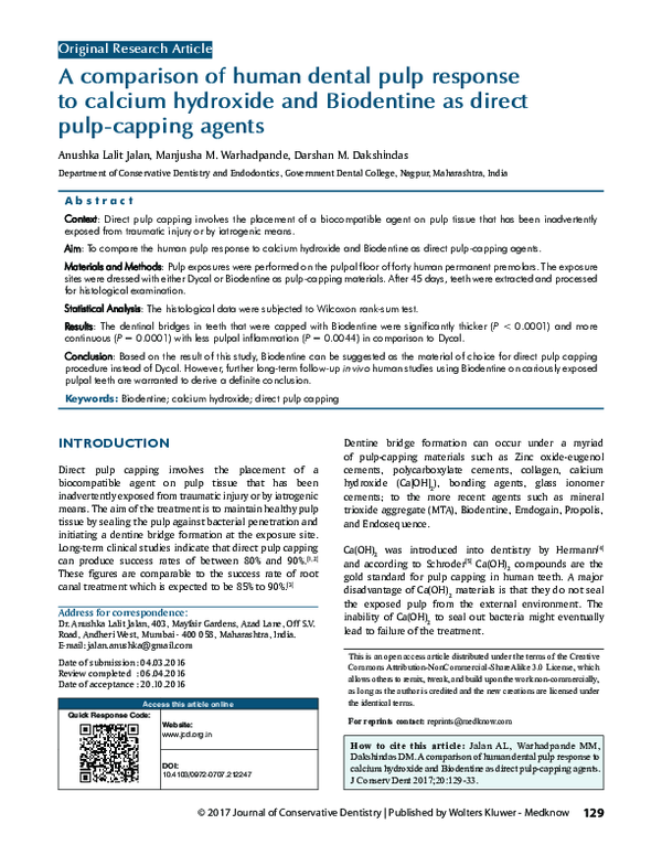 (PDF) A comparison of human dental pulp response to calcium hydroxide and Biodentine as direct ...