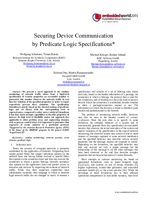 (PDF) Securing Device Communication by Predicate Logic Specifications