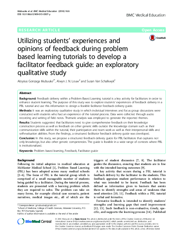 (PDF) Utilizing students’ experiences and opinions of feedback during problem based learning ...