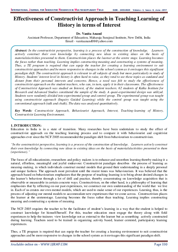 (PDF) INTERNATIONAL JOURNAL FOR INNOVATIVE RESEARCH IN MULTIDISCIPLINARY FIELD Effectiveness of ...