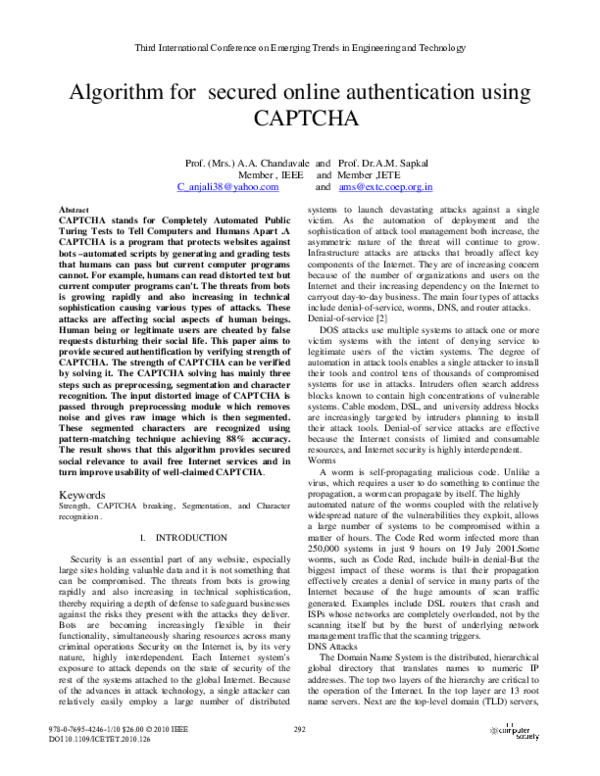 (PDF) Algorithm for Secured Online Authentication Using CAPTCHA | Anjali A Chandavale - Academia.edu