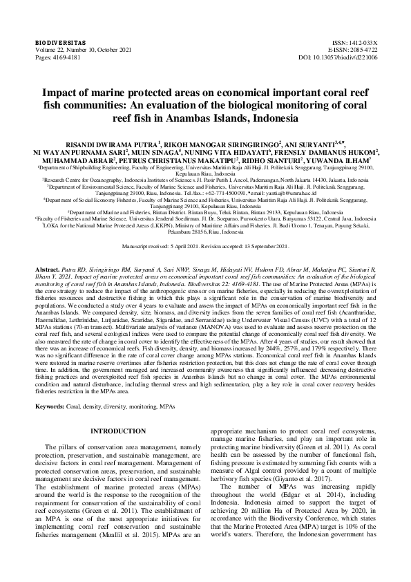 (PDF) Impact of marine protected areas on economical important coral ...