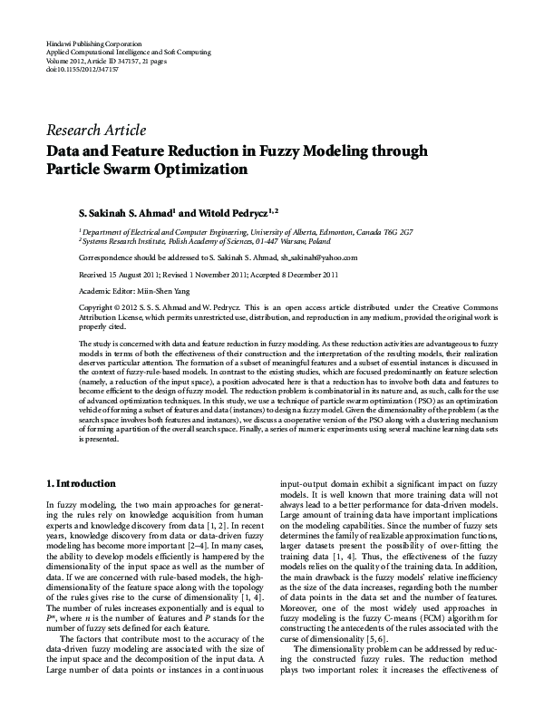 Pdf Data And Feature Reduction In Fuzzy Modeling Through Particle Swarm Optimization