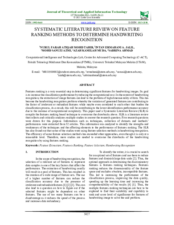(PDF) Systematic Literature Review on Feature Ranking Methods to Determine Handwriting Recognition