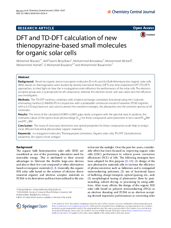 (PDF) DFT and TD-DFT calculation of new thienopyrazine-based small ...