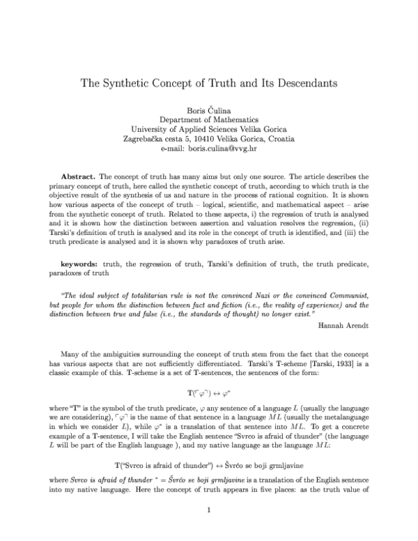 (PDF) The Synthetic Concept of Truth and its Descendants