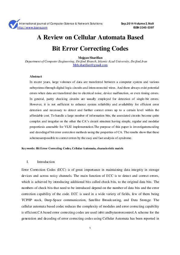 (PDF) A Review on Cellular Automata Based Bit Error Correcting Codes