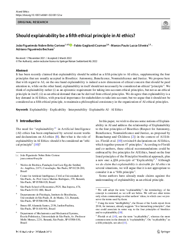 (PDF) Should explainability be a fifth ethical principle in AI ethics?