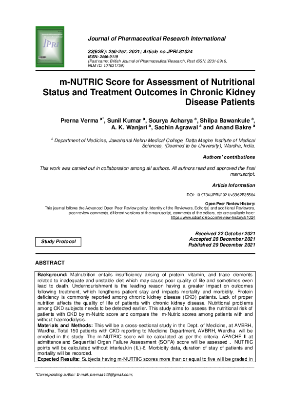 (PDF) m-NUTRIC Score for Assessment of Nutritional Status and Treatment ...