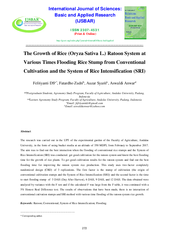 (PDF) The Growth of Rice (Oryza Sativa L.) Ratoon System at Various ...