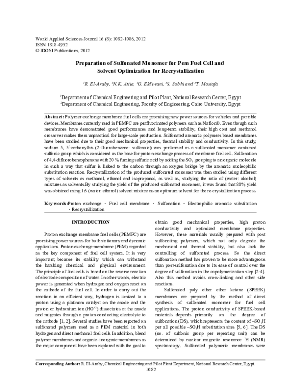 (PDF) Preparation of Sulfonated Monomer for Pem Fuel Cell and Solvent ...