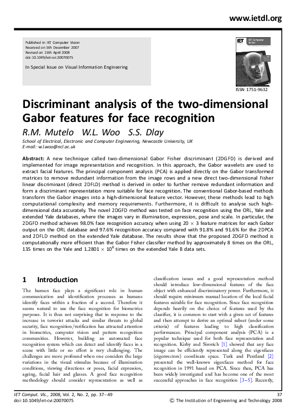(PDF) Discriminant analysis of the two-dimensional Gabor features for face recognition