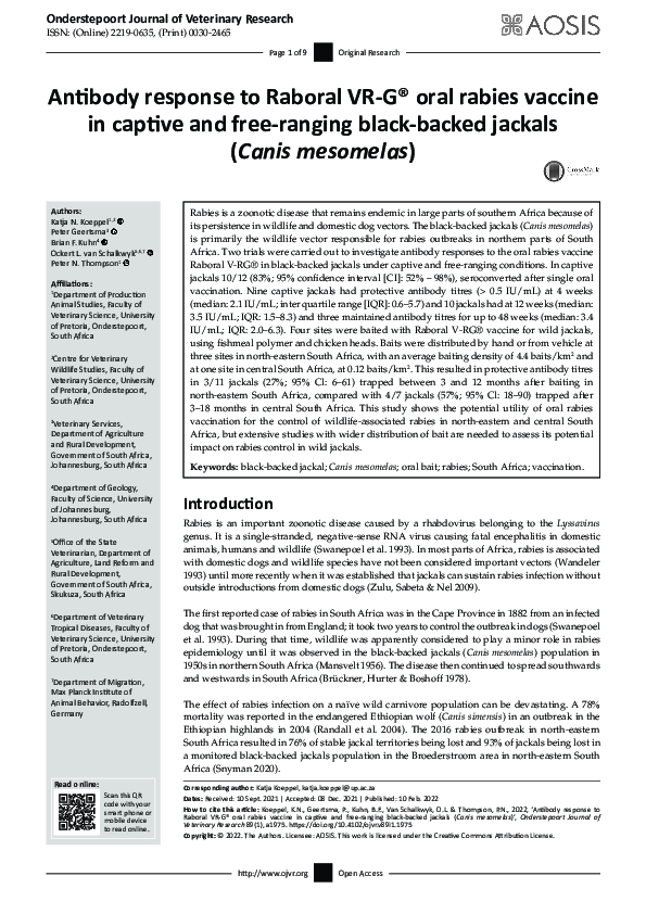 (PDF) Antibody response to Raboral VR-G® oral rabies vaccine in captive ...