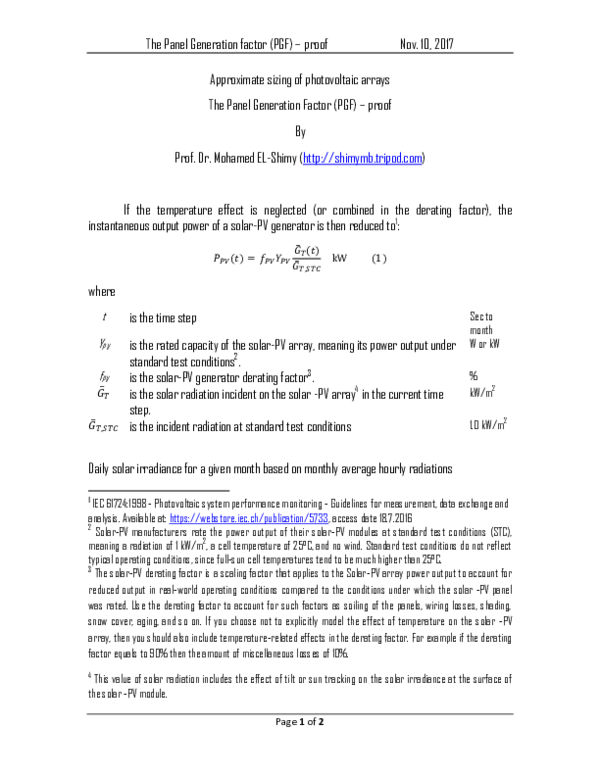 (PDF) The Panel Generation Factor (PGF) of photovoltaic plants